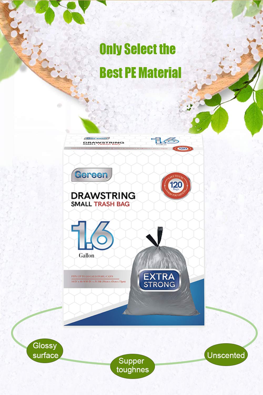 Small Trash bag,Gereen 1.6 Gallon Drawstring Trash bag Garbage Bag Trash Can Liner,Extra Strong 120 Counts for Home,Office,Car