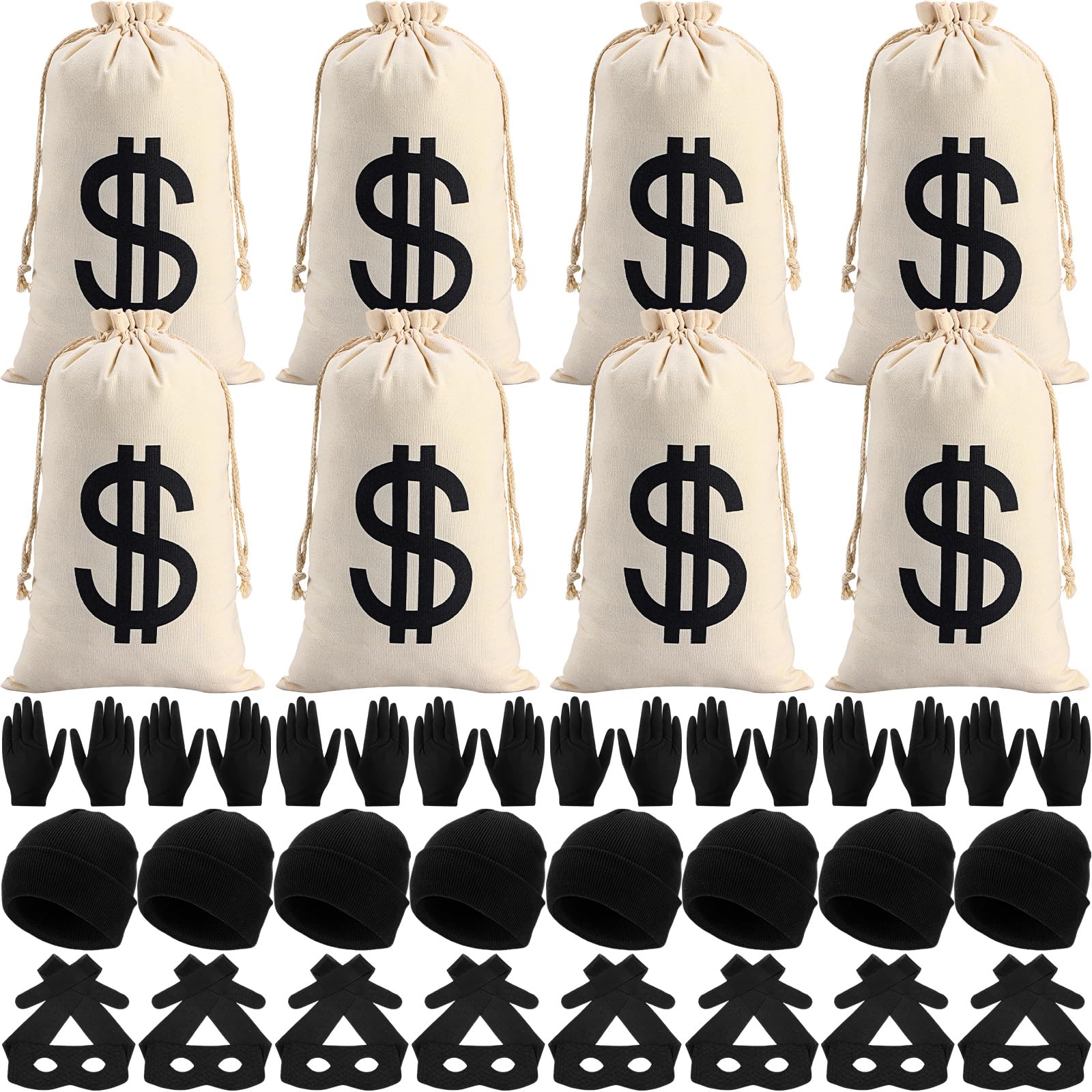 Ramede 32 Pcs Halloween Costume Set, Include Dollar Sign Canvas Bags, Robber Mask, Knit Beanie, Black Robber Gloves for Halloween Outfit Cosplay Bandit Burglar Theme Party Supplies