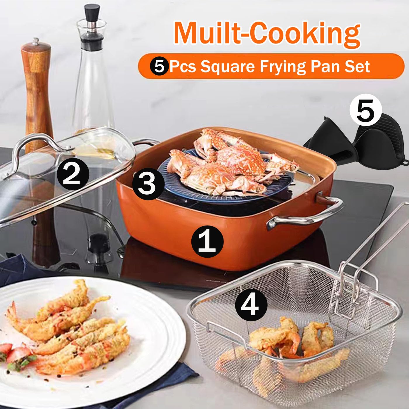 Feipone Non Stick Deep Frying Pan with Lid, 9.5” Copper Square Pan for Cooking, 6 Piece Saute Pan Set with Fry Basket, Steamer Rack, Oven Grips, Dishwasher & Oven Safe, 5 Quart Chef Cookware