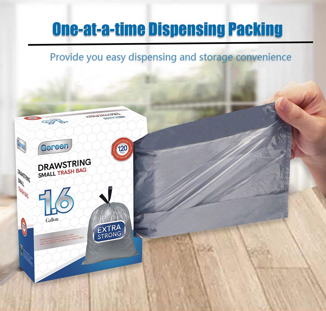 Small Trash bag,Gereen 1.6 Gallon Drawstring Trash bag Garbage Bag Trash Can Liner,Extra Strong 120 Counts for Home,Office,Car
