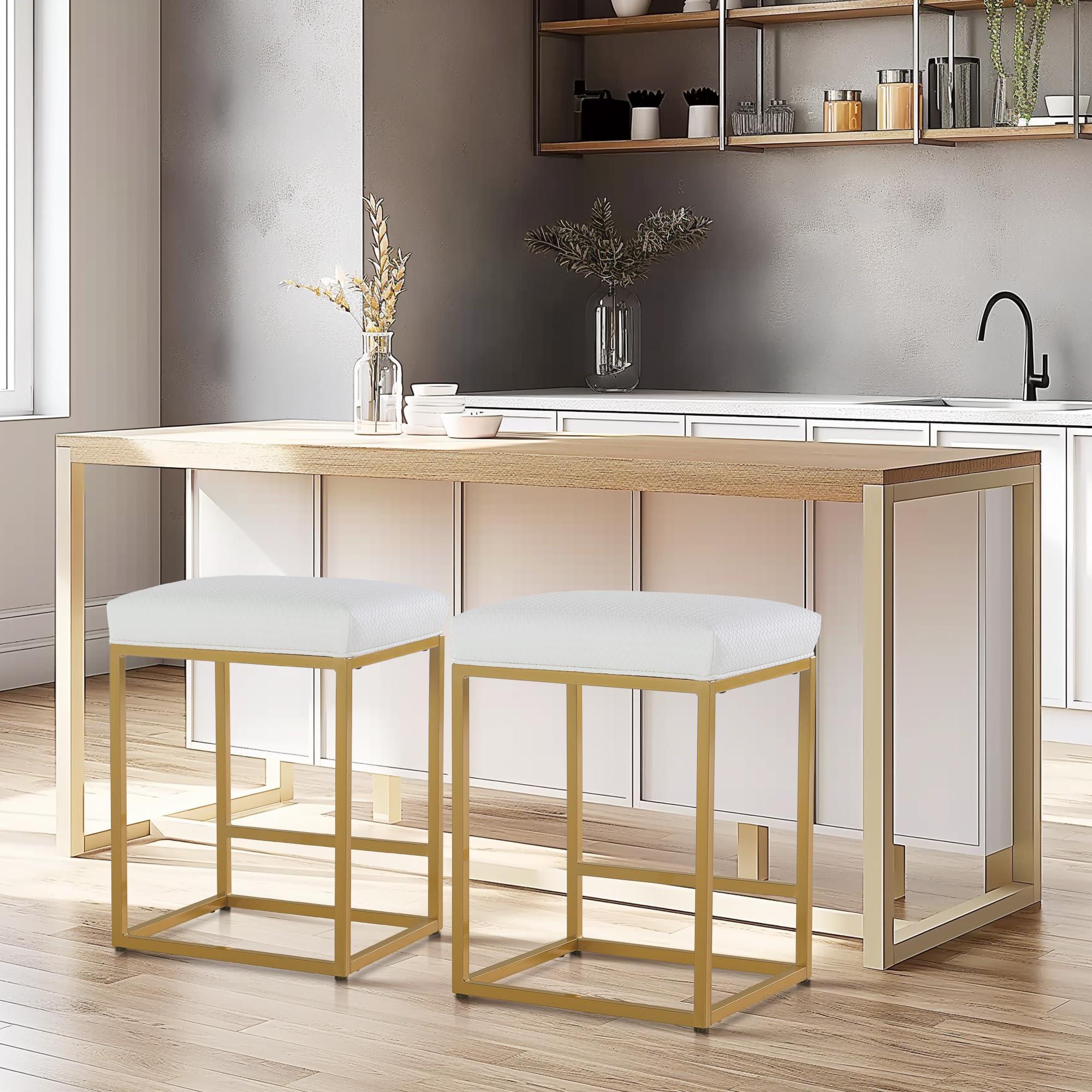Erste!Bravo White Gold Counter Height Stools Set of 2 Bar Stools for Kitchen Counter 24 Inch Backless Modern Chic Barstools Upholstered Faux Leather Cream Stools Farmhouse Island Chairs, White Gold