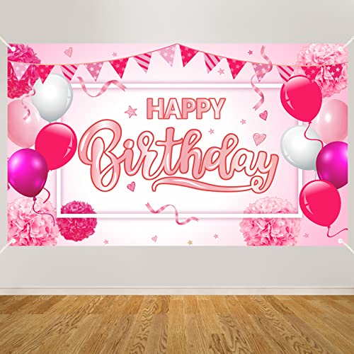 Hot Pink Happy Birthday Banner Backdrop Decorations for Girls Women, Happy Birthday Party Sign Supplies, Large 10th 16th 21st 30th 40th 50th Birthday Background Photo Booth Props Decor