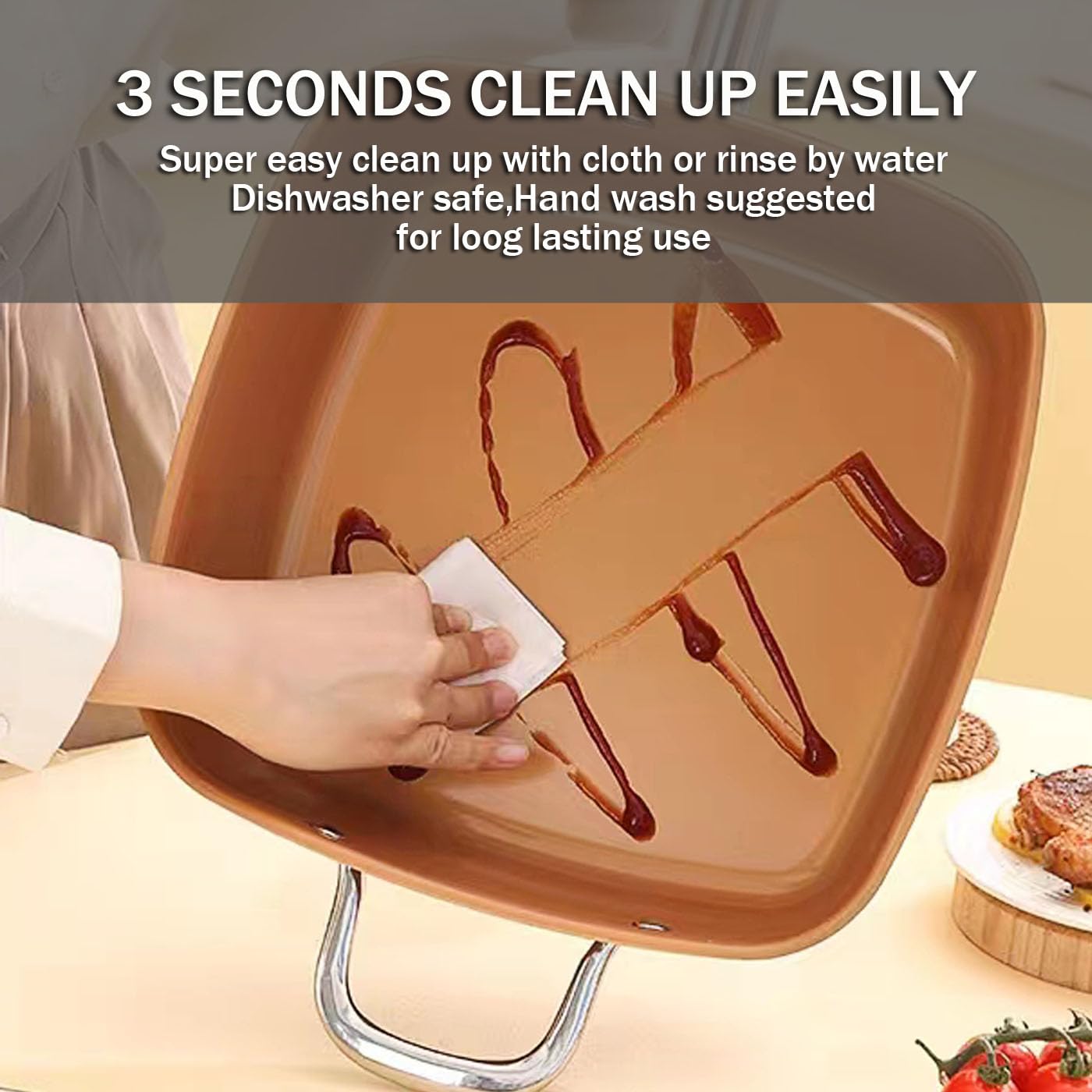 Feipone Non Stick Deep Frying Pan with Lid, 9.5” Copper Square Pan for Cooking, 6 Piece Saute Pan Set with Fry Basket, Steamer Rack, Oven Grips, Dishwasher & Oven Safe, 5 Quart Chef Cookware