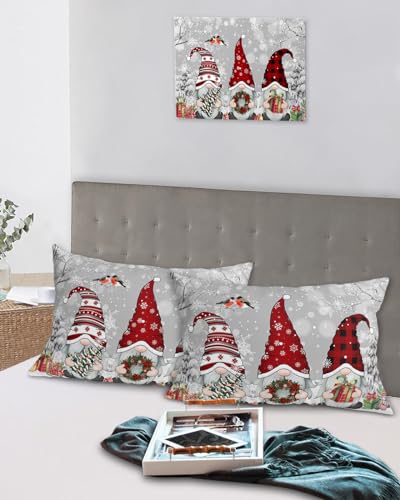 Edwiinsa Christmas Pillow Covers Standard Size Set of 2 20x26 Bed Pillow, Plush Soft Comfort for Hair/Skin Cooling Pillowcases with Envelop Closure Throw Covers Grey Gnomes Fantasy Snowy Tree Branch