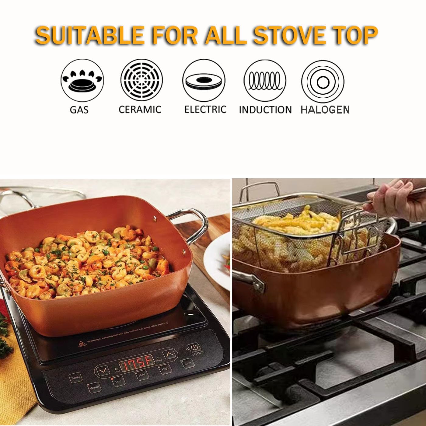 Feipone Non Stick Deep Frying Pan with Lid, 9.5” Copper Square Pan for Cooking, 6 Piece Saute Pan Set with Fry Basket, Steamer Rack, Oven Grips, Dishwasher & Oven Safe, 5 Quart Chef Cookware
