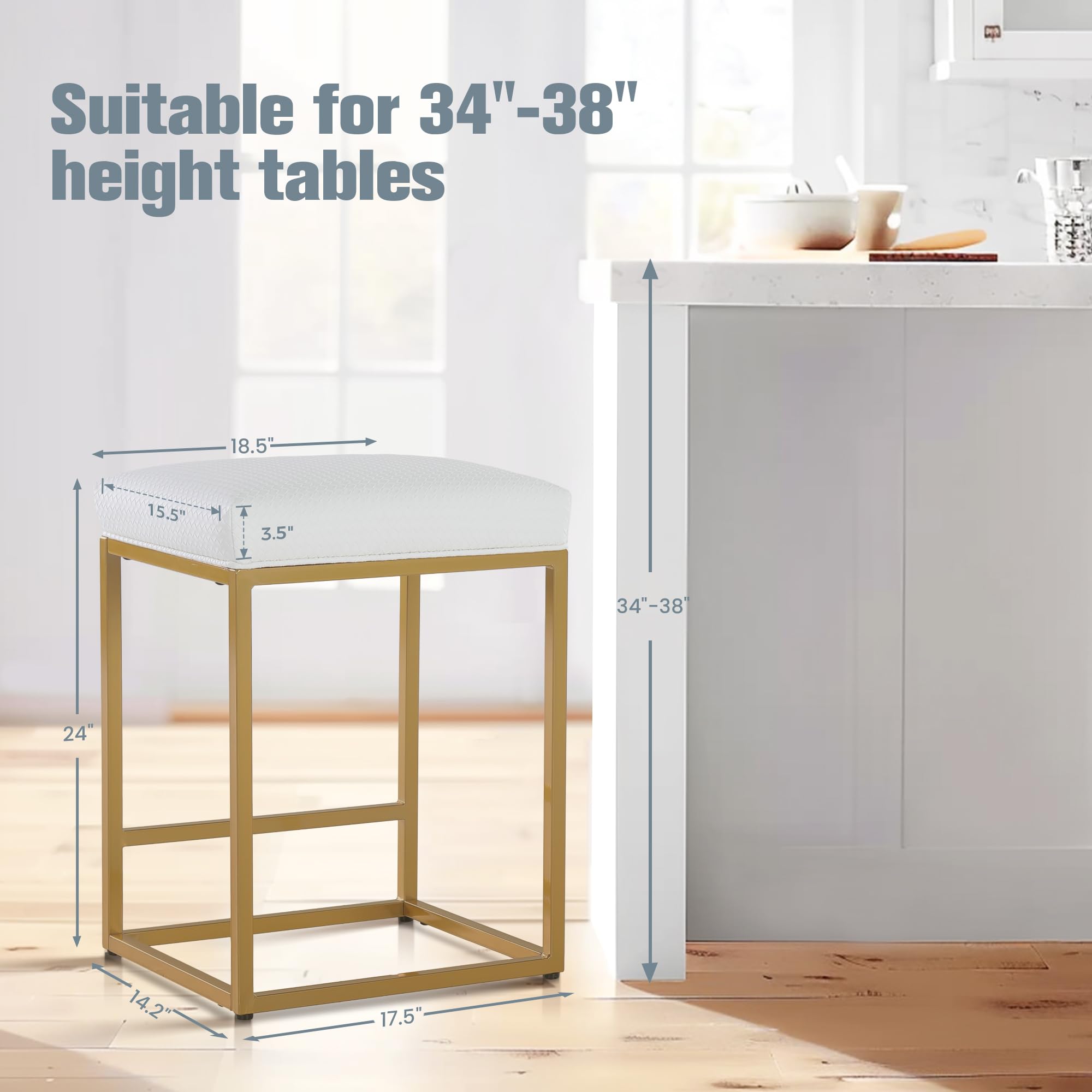 Erste!Bravo White Gold Counter Height Stools Set of 2 Bar Stools for Kitchen Counter 24 Inch Backless Modern Chic Barstools Upholstered Faux Leather Cream Stools Farmhouse Island Chairs, White Gold