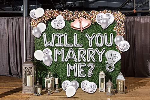 40 Pcs-Silver "Will you marry me" Balloon Pack -Proposal Balloon Banner and 2000 pcs Red Rose Petals proposal Decoration-proposal idea-Diamond ring Balloon-Valentine's Day Proposal (silver floral proposal)