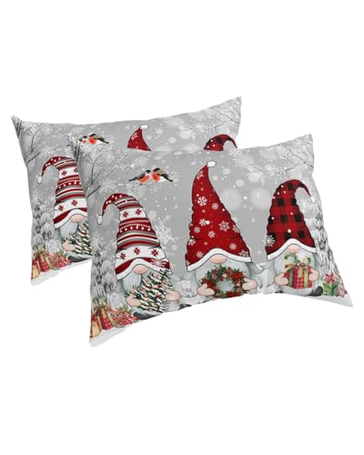 Edwiinsa Christmas Pillow Covers Standard Size Set of 2 20x26 Bed Pillow, Plush Soft Comfort for Hair/Skin Cooling Pillowcases with Envelop Closure Throw Covers Grey Gnomes Fantasy Snowy Tree Branch