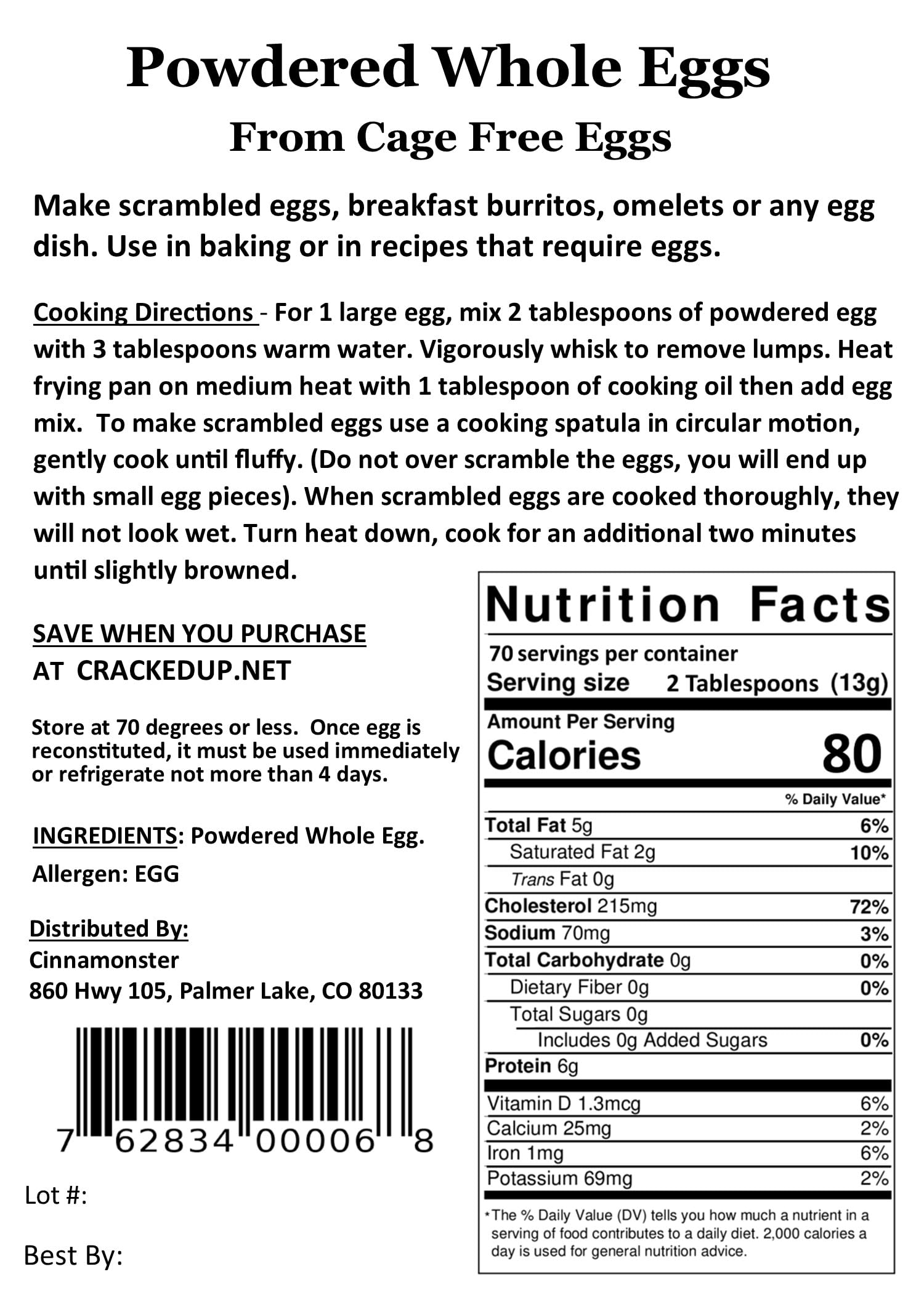 2 POUNDS (32 OZ) Cage-Free Powdered Whole Eggs, WHY PAY MORE? Freshest Eggs, Made in the USA, Makes 70 Large Eggs, 1 INGREDIENT - EGGS! FARM FRESH, NON GMO, ALL NATURAL, RESEALABLE POUCH