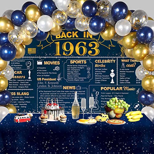DARUNAXY Blue 60th Birthday Party Decorations, Blue Gold Back in 1963 Banner, 60PCS Confetti Balloons, 2PCS Tablecloths for 60 Years Old Party Vintage 1963 Party Poster Supplies for Men and Women