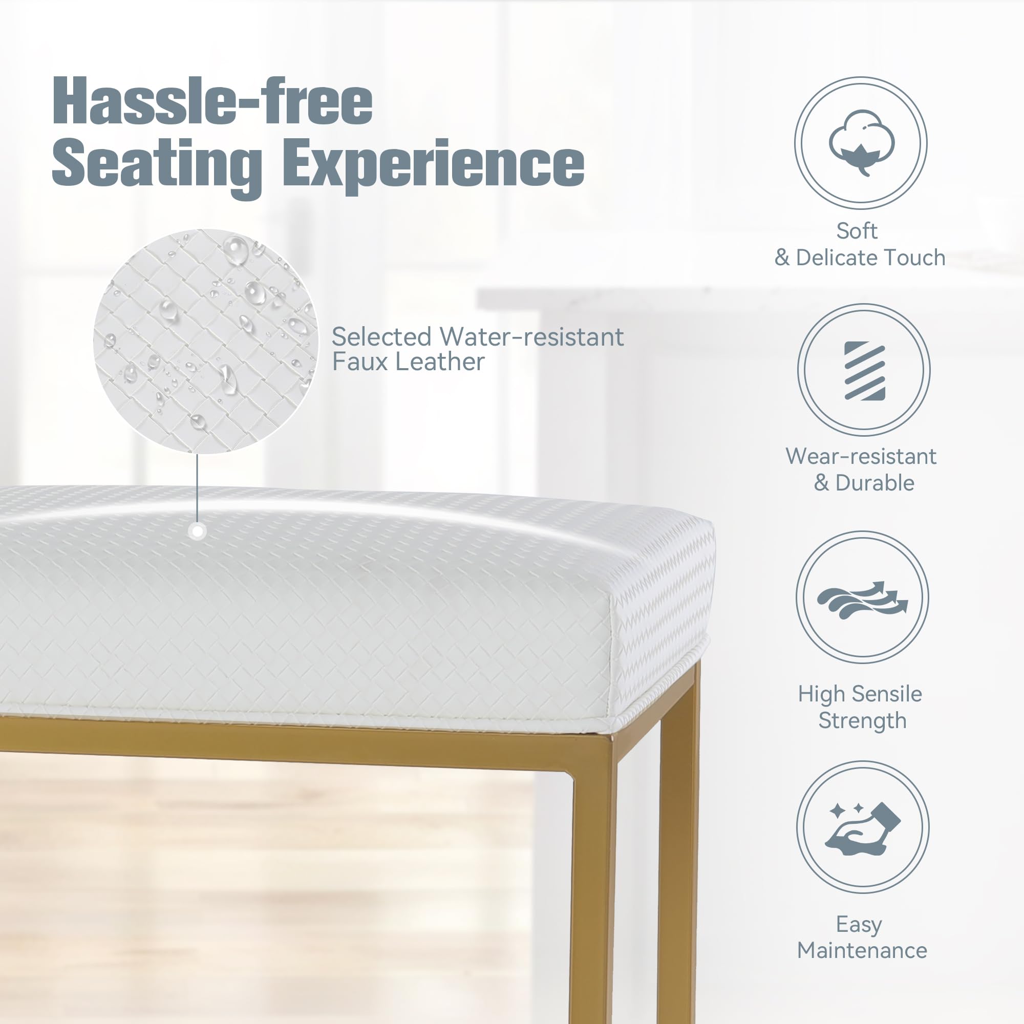 Erste!Bravo White Gold Counter Height Stools Set of 2 Bar Stools for Kitchen Counter 24 Inch Backless Modern Chic Barstools Upholstered Faux Leather Cream Stools Farmhouse Island Chairs, White Gold