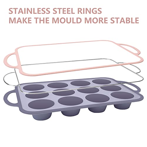 COOKSTYLE Silicone Muffin Pan, 12 Cups, Gray Blue Pink, BPA Free, Dishwasher Safe, Nonstick, Perfect for Baking Cakes, Cupcakes, Cookies