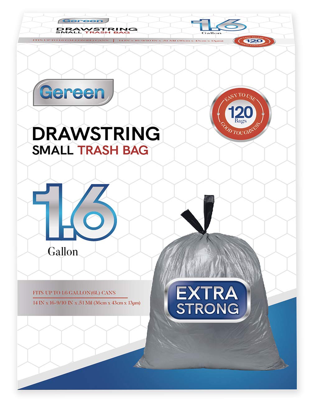 Small Trash bag,Gereen 1.6 Gallon Drawstring Trash bag Garbage Bag Trash Can Liner,Extra Strong 120 Counts for Home,Office,Car