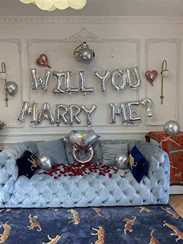40 Pcs-Silver "Will you marry me" Balloon Pack -Proposal Balloon Banner and 2000 pcs Red Rose Petals proposal Decoration-proposal idea-Diamond ring Balloon-Valentine's Day Proposal (silver floral proposal)