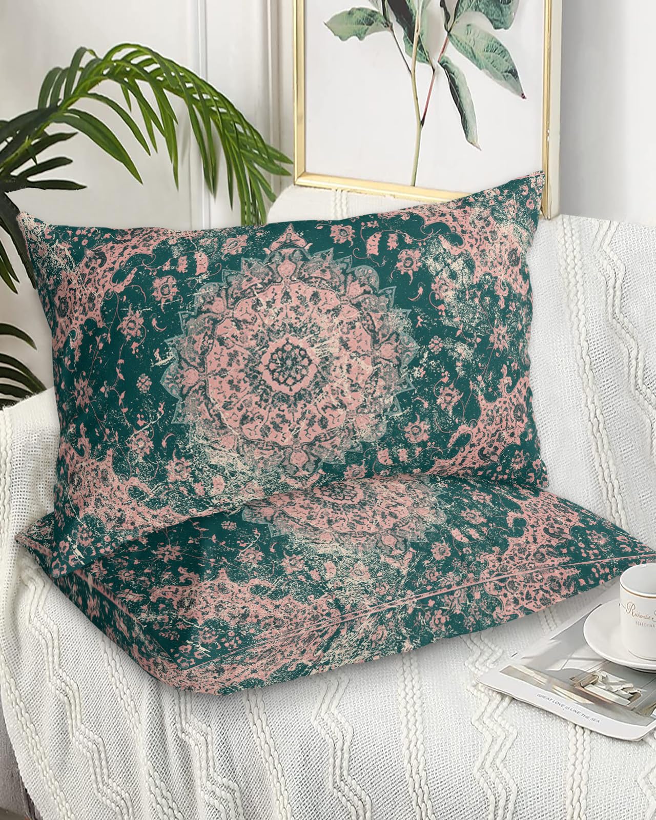Edwiinsa Boho Modern Pillow Covers Standard Size Set of 2 20x26 Bed Pillow, Plush Soft Comfort for Hair/Skin Cooling Pillowcases with Envelop Closure Throw Covers Green Abstract Minimalist Flower