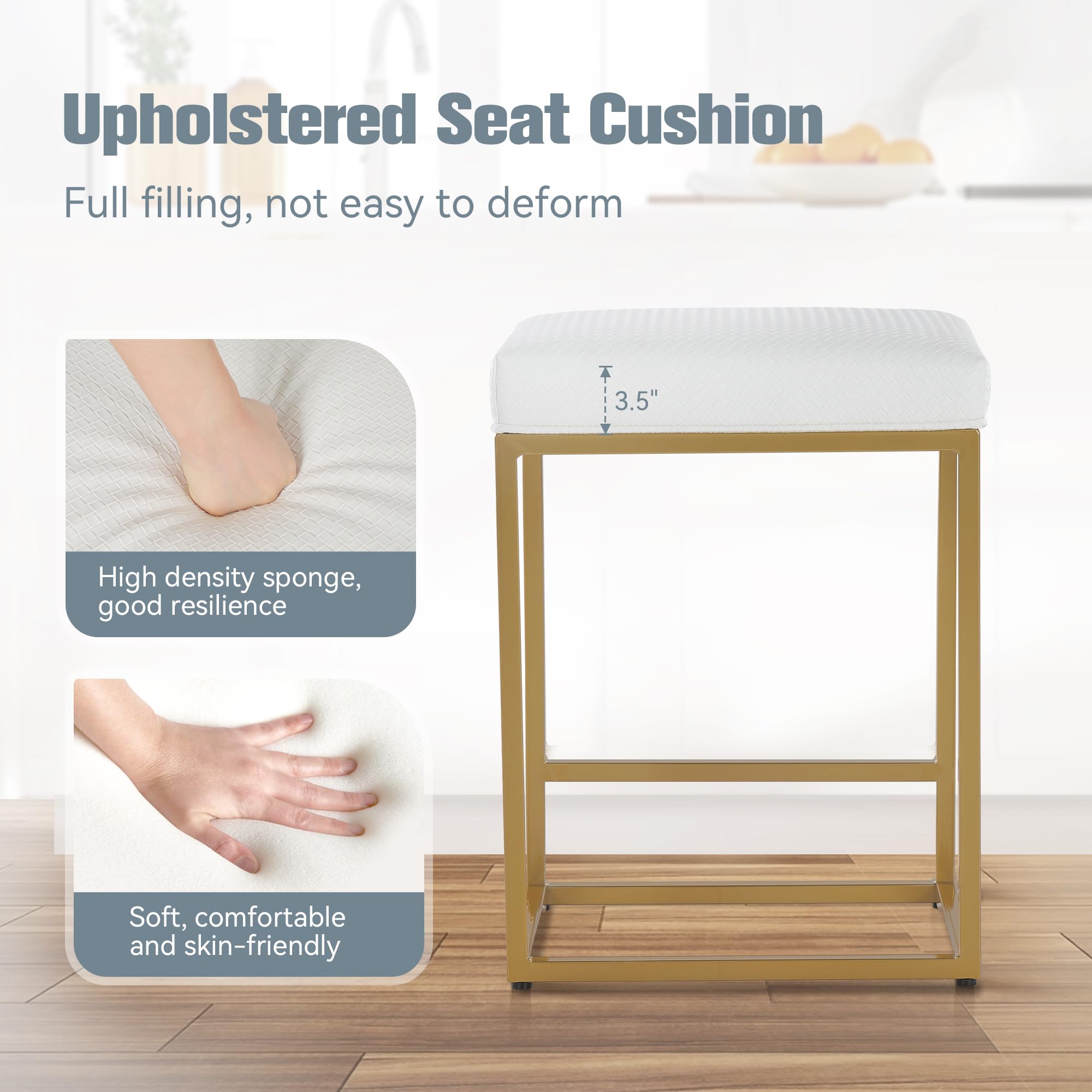 Erste!Bravo White Gold Counter Height Stools Set of 2 Bar Stools for Kitchen Counter 24 Inch Backless Modern Chic Barstools Upholstered Faux Leather Cream Stools Farmhouse Island Chairs, White Gold