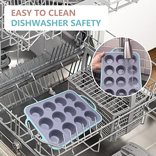 COOKSTYLE Silicone Muffin Pan, 12 Cups, Gray Blue Pink, BPA Free, Dishwasher Safe, Nonstick, Perfect for Baking Cakes, Cupcakes, Cookies