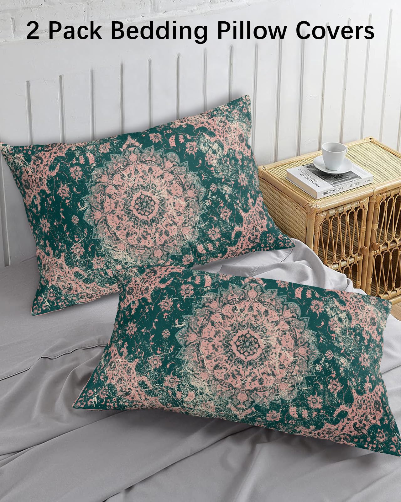 Edwiinsa Boho Modern Pillow Covers Standard Size Set of 2 20x26 Bed Pillow, Plush Soft Comfort for Hair/Skin Cooling Pillowcases with Envelop Closure Throw Covers Green Abstract Minimalist Flower