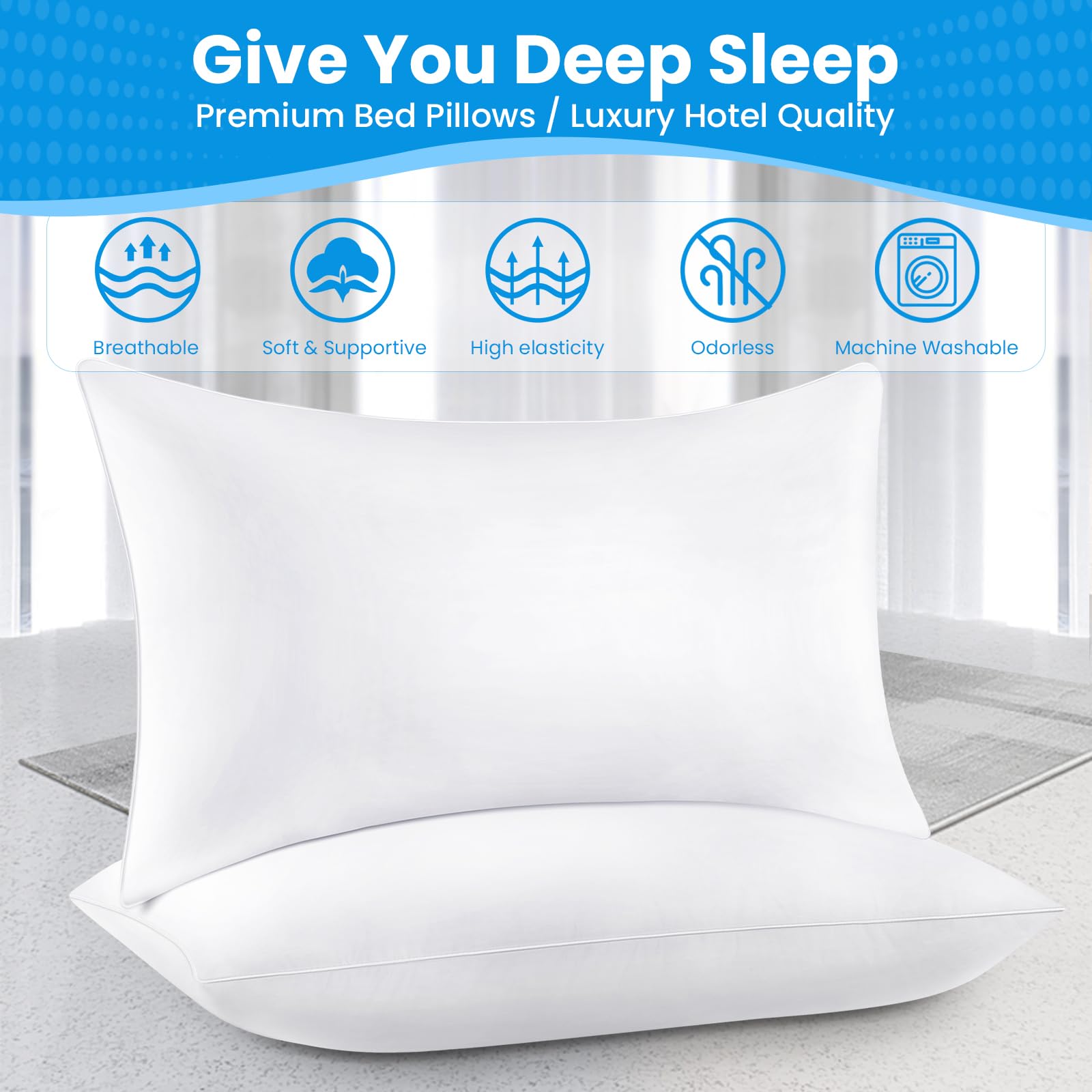 WINGLAM,Bed Pillows for Sleeping, Down Alternative Pillows, White,Microfiber Filled,Queen Pillows Set of 2,20x30 Inches,Super Soft,Hotel Collection,Queen Size Pillow for Back,Stomach or Side Sleepers