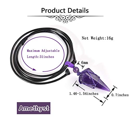 PESOENTH Amethyst Necklace Purple Quartz Crystal Dowsing Pendulum Divination Healing Necklace Cord Adjustable,Natural Gemstone Hexagonal Pointed Cone Reiki Chakra Pendant