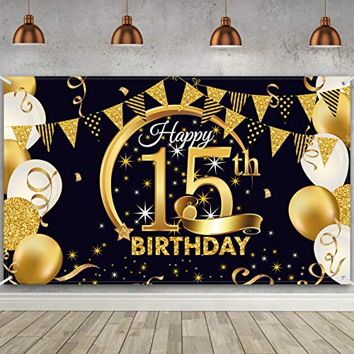 15th Birthday Party Decoration, Extra Large Fabric Black Gold Sign Poster for 15th Anniversary Photo Booth Backdrop Background Banner, 15th Birthday Party Supplies, 72.8 x 43.3 Inch