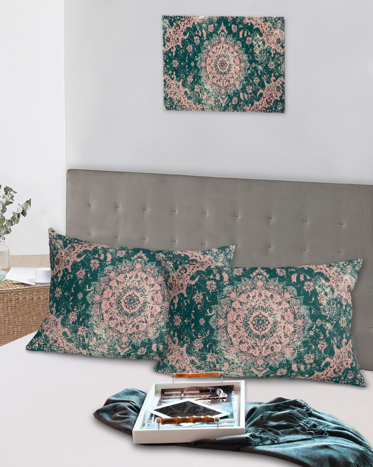 Edwiinsa Boho Modern Pillow Covers Standard Size Set of 2 20x26 Bed Pillow, Plush Soft Comfort for Hair/Skin Cooling Pillowcases with Envelop Closure Throw Covers Green Abstract Minimalist Flower
