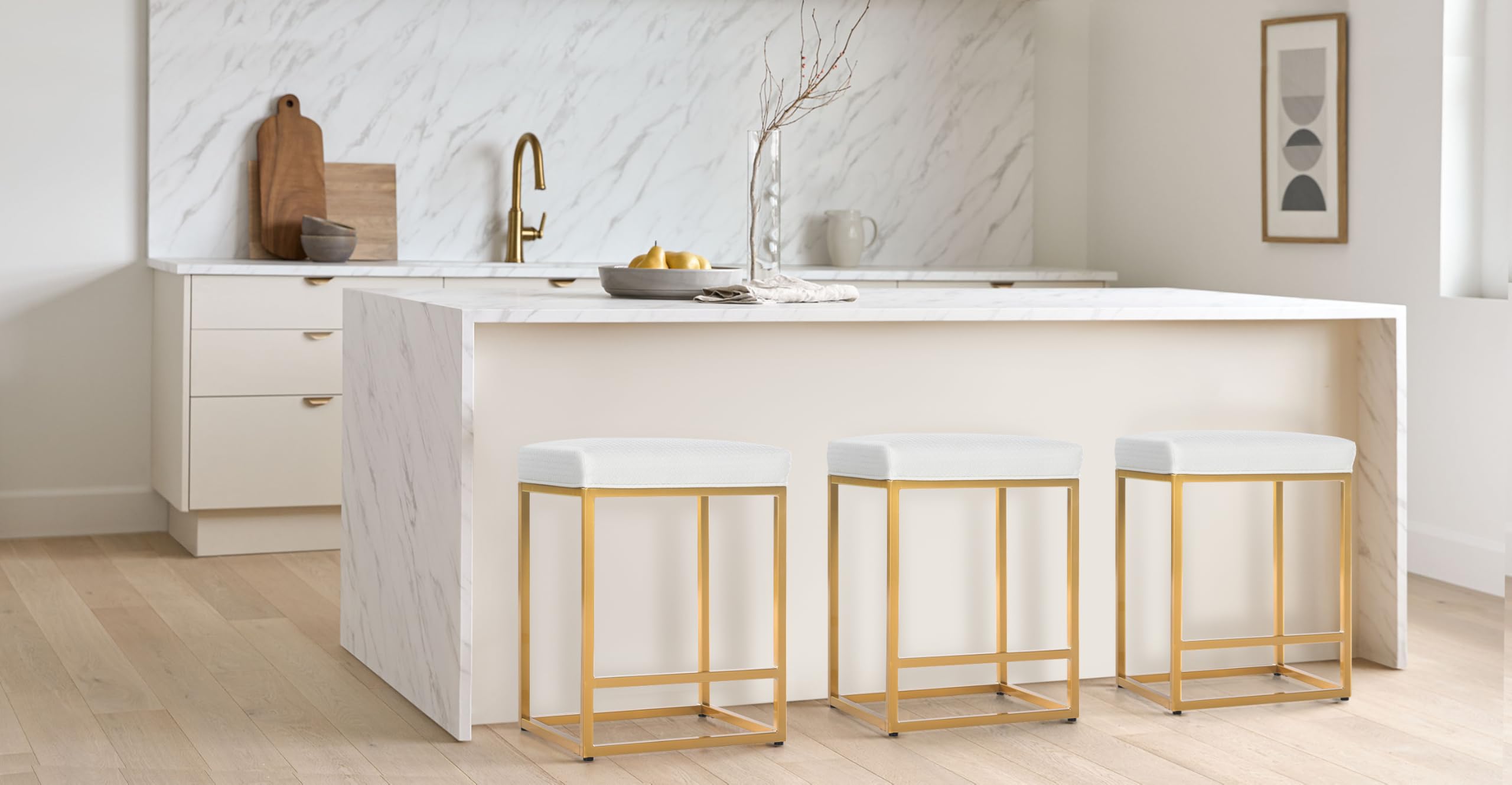 Erste!Bravo White Gold Counter Height Stools Set of 2 Bar Stools for Kitchen Counter 24 Inch Backless Modern Chic Barstools Upholstered Faux Leather Cream Stools Farmhouse Island Chairs, White Gold