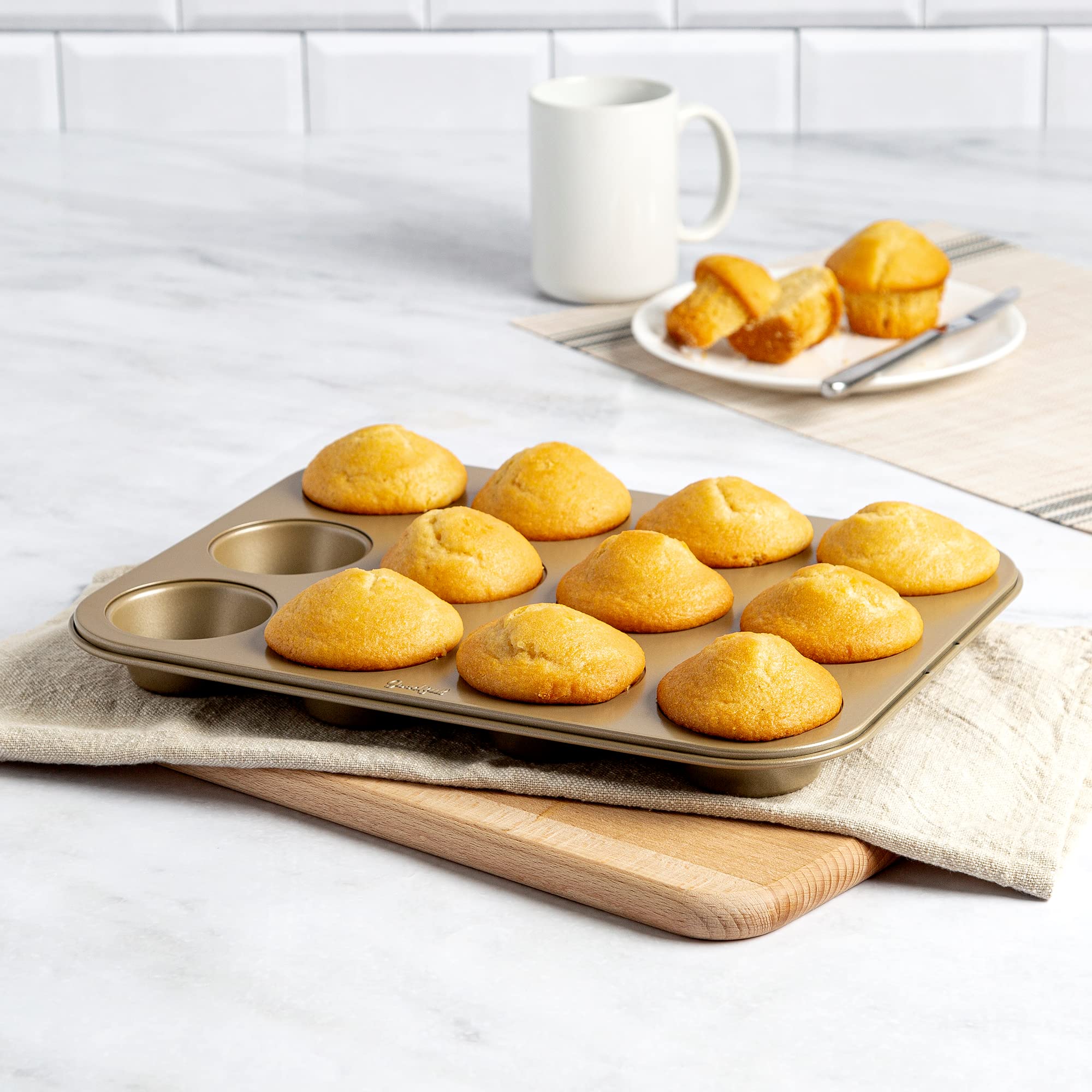 Goodful Nonstick Muffin Pan Set, Heavy Duty Carbon Steel with Quick Release Coating, Made without PFOA, Dishwasher Safe, 2-Pack Bakeware Set, 12-Cup, Champagne Gold