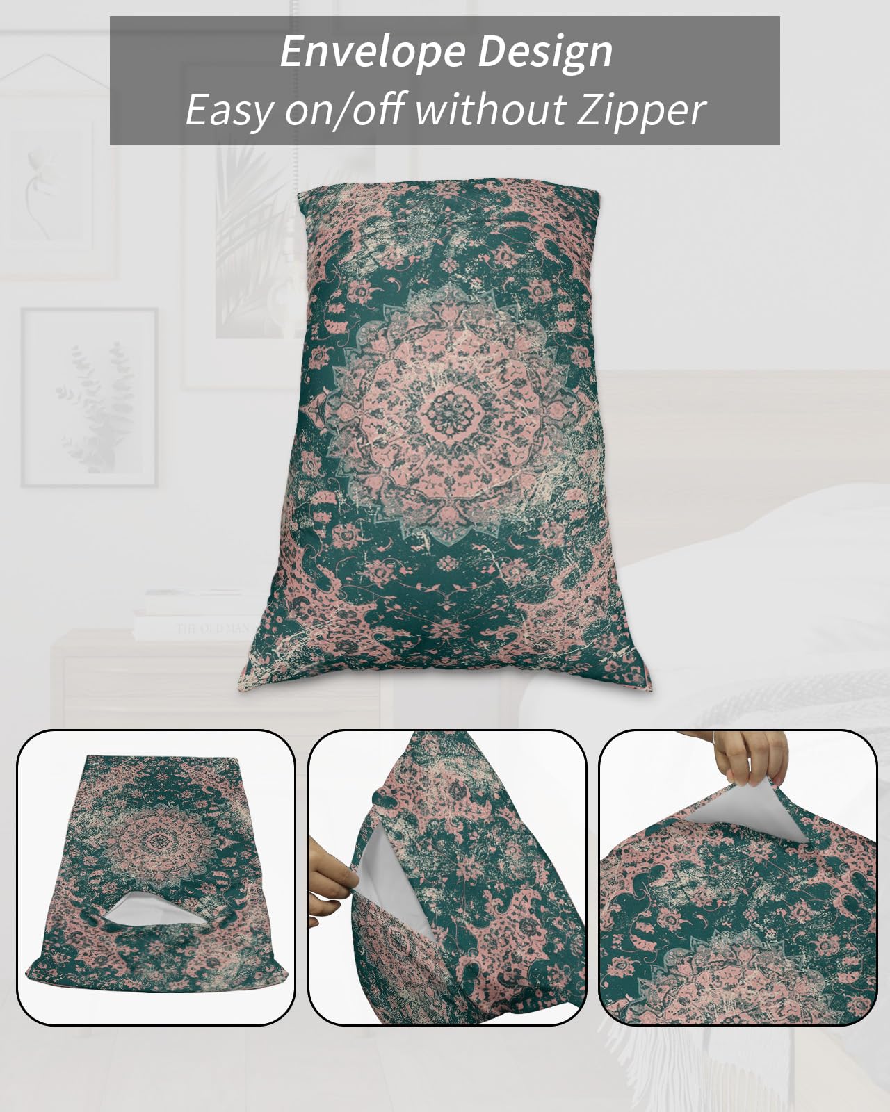 Edwiinsa Boho Modern Pillow Covers Standard Size Set of 2 20x26 Bed Pillow, Plush Soft Comfort for Hair/Skin Cooling Pillowcases with Envelop Closure Throw Covers Green Abstract Minimalist Flower