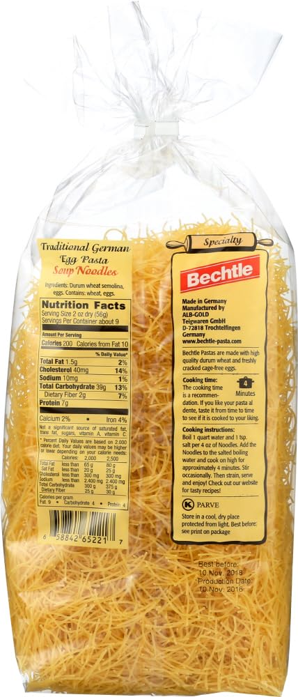 Bechtle Traditional German Cage Free Egg Pasta Soup Noodles Thin -- 17.6 oz (Pack of 2)