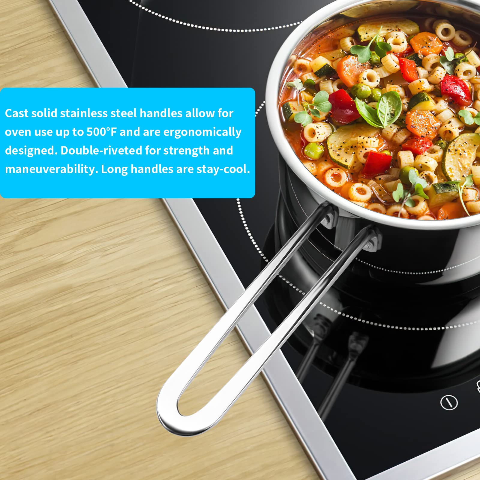 Stainless Steel Pots and Pans Set, 7-Piece Kitchen Cookware Sets with Glass Lids, Stay-Cool Handle, Oven Safe, Works with Induction/Electric and Gas Cooktops, Dishwasher