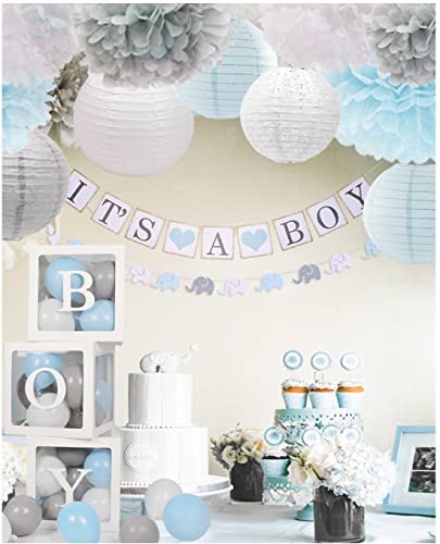 luckylibra Baby Shower Decorations For Boy, B-O-Y Transparent Balloon Boxes & Latex Balloons & It is a Boy Banners & Elephant Garland & Paper Lantern & Paper Flower Pom Poms (Grey Blue White )