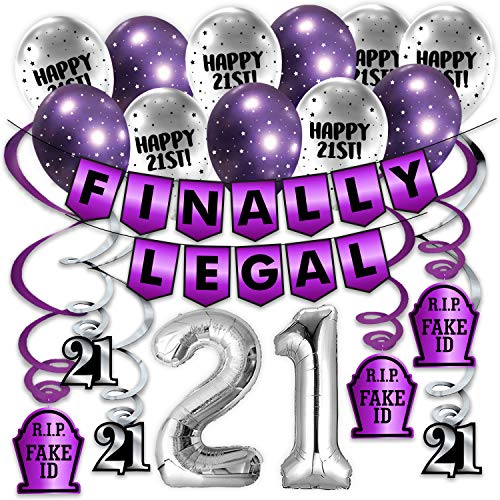 FINALLY LEGAL Purple Party Pack - 21st Birthday Banner, Balloon and Swirls Pack- Birthday Decorations - 21st Birthday Party Supplies, Favors and Gifts