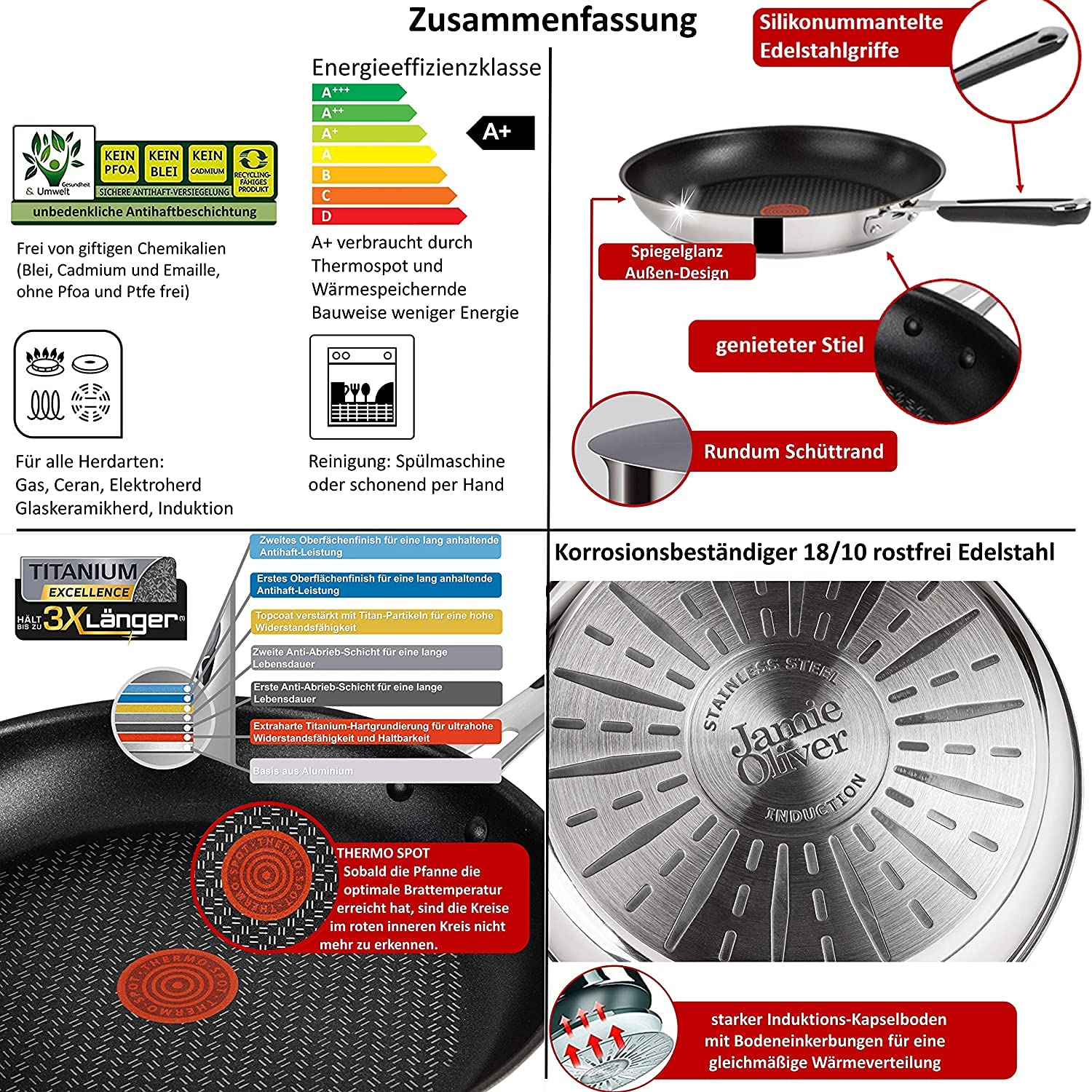 Tefal Jamie Oliver E75604 Frying Pan with Lid, 24 cm, Induction, 4-Piece Set, Frying Pan Non-Stick Coating, Oven-Safe, Dishwasher Safe, for All Types of Cookers, Includes Spatula