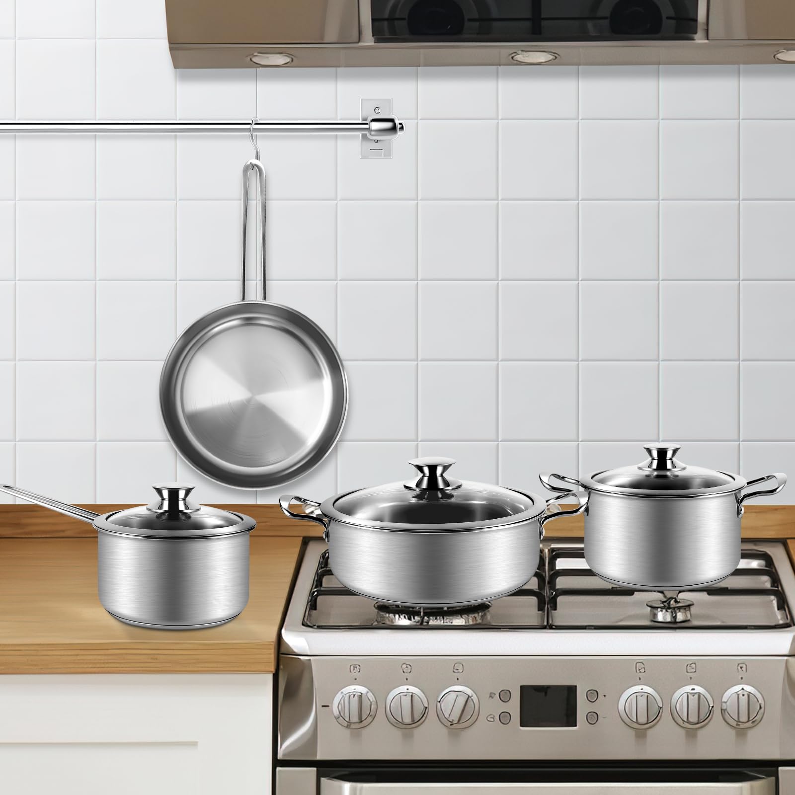 Stainless Steel Pots and Pans Set, 7-Piece Kitchen Cookware Sets with Glass Lids, Stay-Cool Handle, Oven Safe, Works with Induction/Electric and Gas Cooktops, Dishwasher