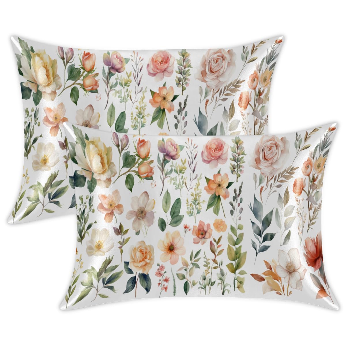 Flowers Peony Roses Satin Pillow Cases Silk Satin Pillowcase for Hair and Skin Standard Set of 2 Super Soft Silk Pillowcase with Envelope Closure (20x26 in)
