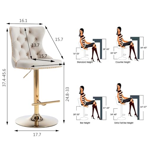 Aoowow Swivel Bar Stools Set of 2,Adjustable Barstools with Back Velvet Tufted Counter Stool Modern Upholstered Bar Chairs with Nailhead for Kitchen Island Restaurant Pub Counter (Beige-Gold)