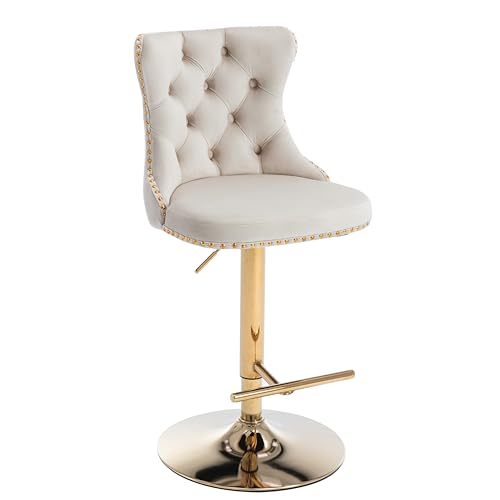 Aoowow Swivel Bar Stools Set of 2,Adjustable Barstools with Back Velvet Tufted Counter Stool Modern Upholstered Bar Chairs with Nailhead for Kitchen Island Restaurant Pub Counter (Beige-Gold)