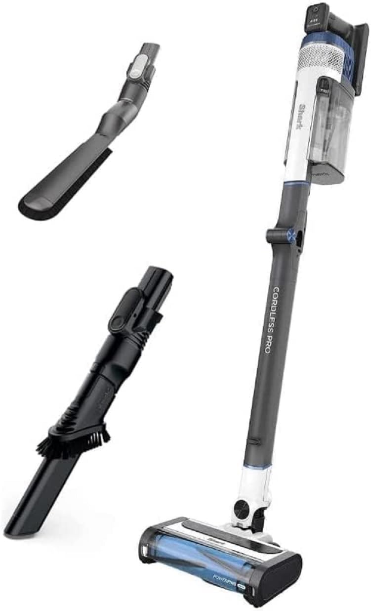 Shark UZ565H Pro Cordless Pet Plus Stick Vacuum with Anti-Allergen Complete Seal, MultiFLEX PowerFins Plus Brushroll, Duster Crevice Tool Dusting Brush, Up to 40 Minute Runtime, White/Blue (Renewed)