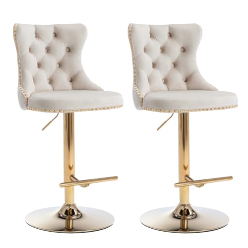 Aoowow Swivel Bar Stools Set of 2,Adjustable Barstools with Back Velvet Tufted Counter Stool Modern Upholstered Bar Chairs with Nailhead for Kitchen Island Restaurant Pub Counter (Beige-Gold)