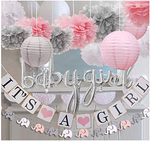 luckylibra Girl Baby Shower Decorations, It is a Girl Banners & Baby Girl Foil Balloons & Elephant Garland & Paper Lantern Paper Flower Pom Poms (Pink White Grey)