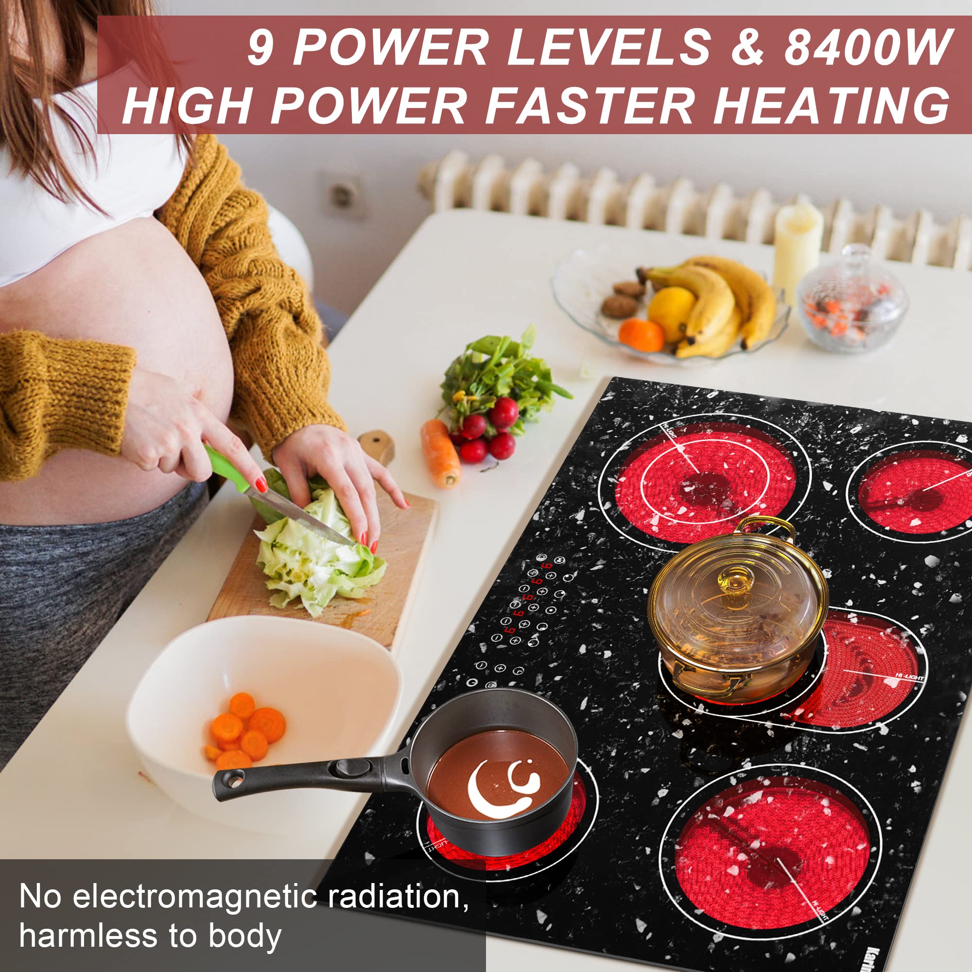 Karinear Electric Cooktop 30 Inch, Built-in Electric Stove Top 5 Burners Ceramic Cooktop with Marble Pattern, 8400W, 220-240V Hard Wire No Outlet Plug, Glass Cooktop