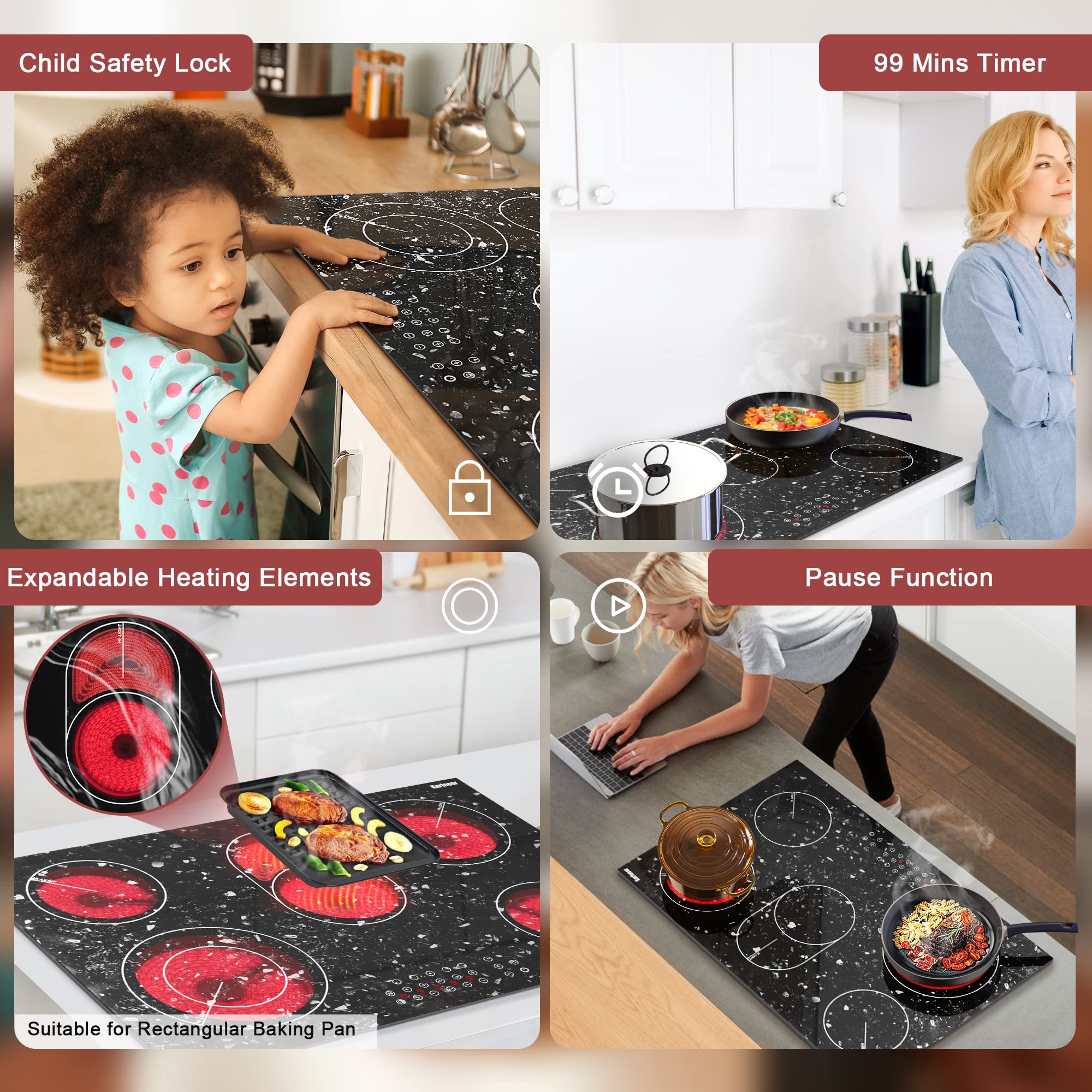Karinear Electric Cooktop 30 Inch, Built-in Electric Stove Top 5 Burners Ceramic Cooktop with Marble Pattern, 8400W, 220-240V Hard Wire No Outlet Plug, Glass Cooktop