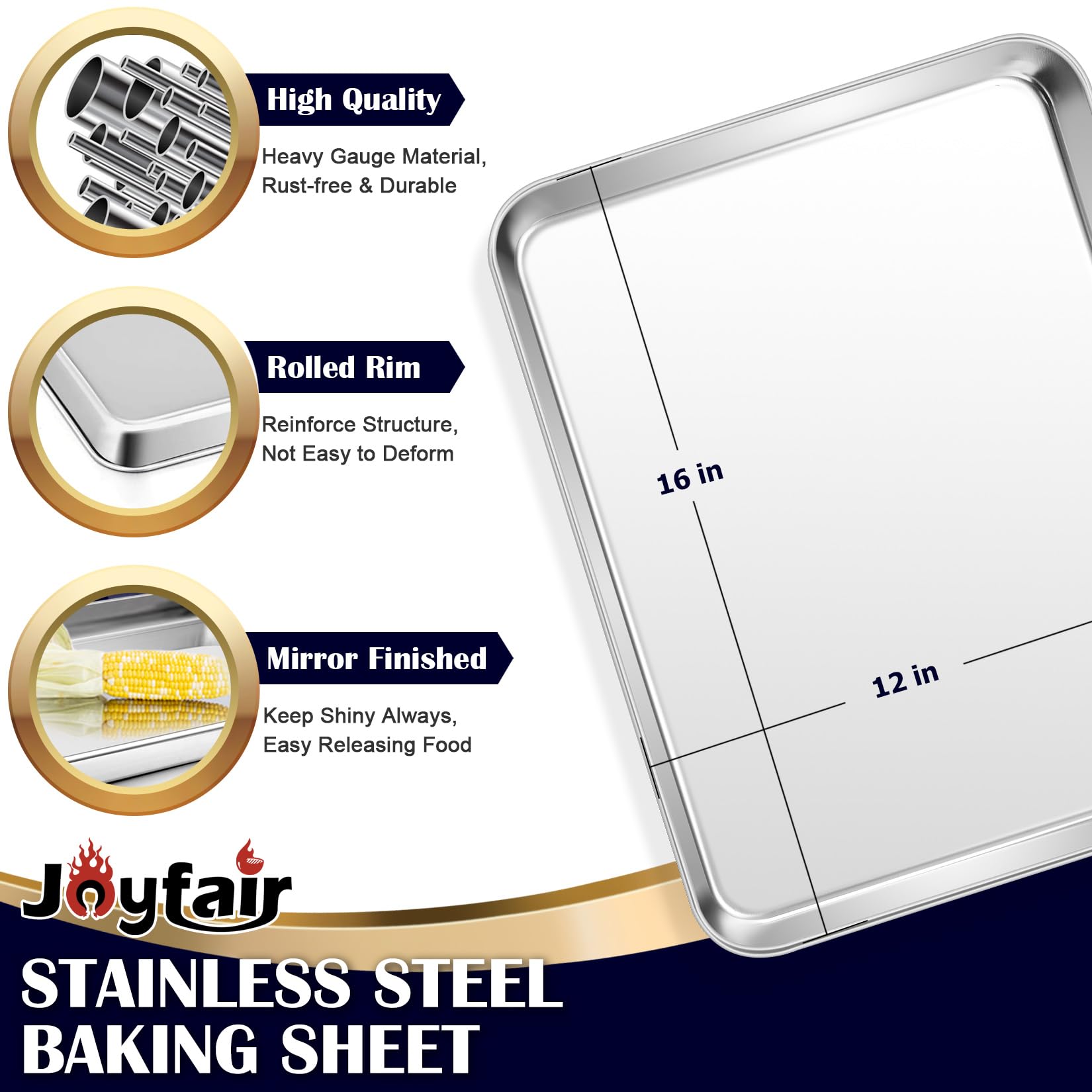 4Pcs Baking Sheet Pan with Rack Set, Joyfair Stainless Steel Oven Rectangular Pans Tray & Cooling Racks for Cookie/Jelly Roll/Bacon, Commercial Metal & Rust-free, Dishwasher Safe (16 Inch)
