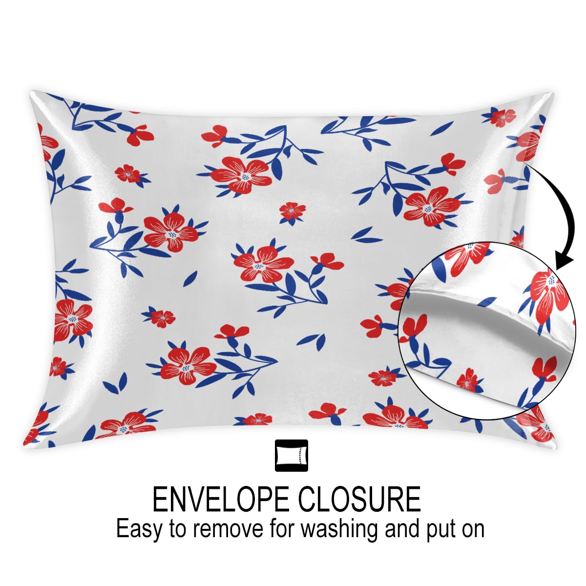 Red Floral Flower Satin Pillow Cases Silk Satin Pillowcase for Hair and Skin Standard Set of 2 Super Soft Silk Pillowcase with Envelope Closure (20x26 in)