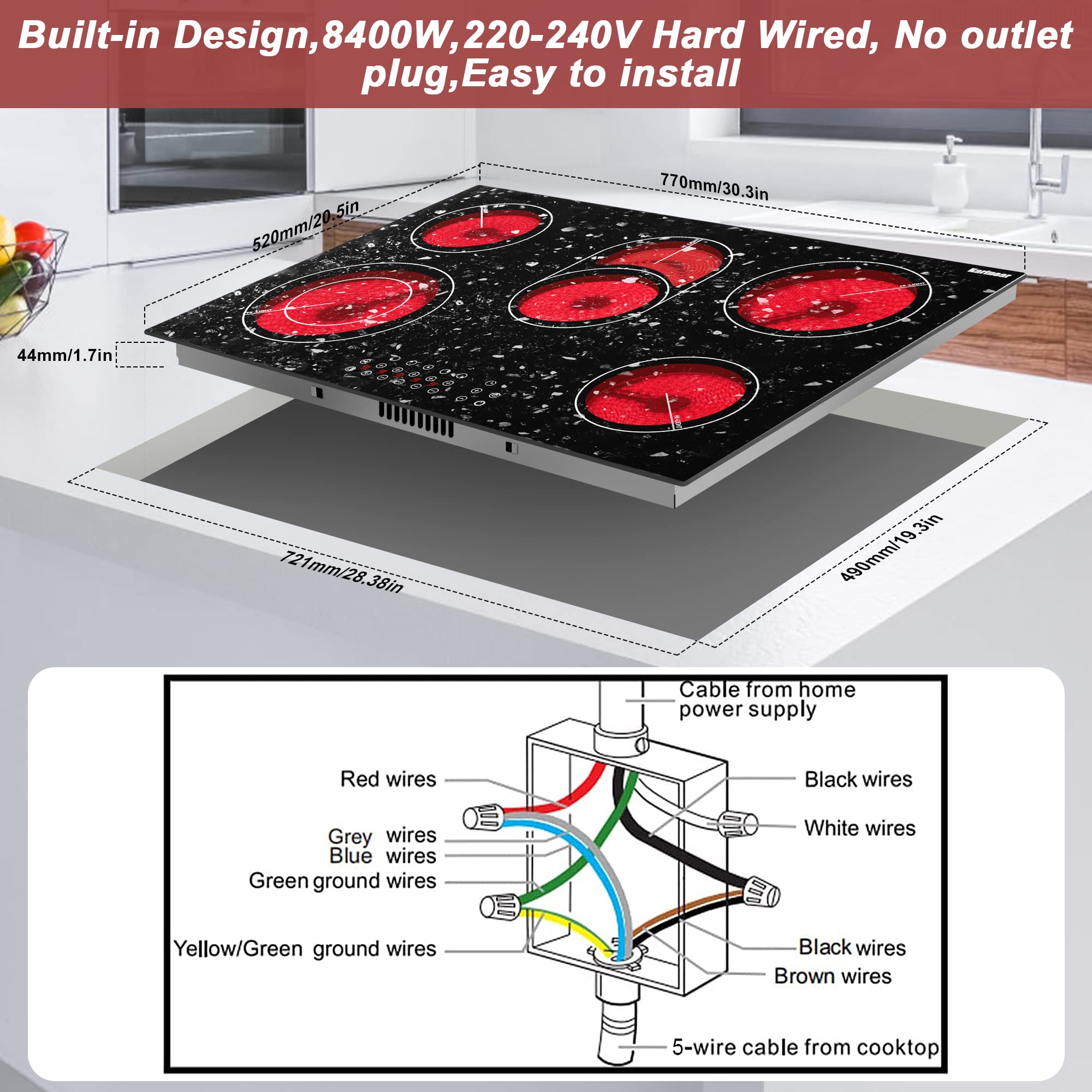 Karinear Electric Cooktop 30 Inch, Built-in Electric Stove Top 5 Burners Ceramic Cooktop with Marble Pattern, 8400W, 220-240V Hard Wire No Outlet Plug, Glass Cooktop