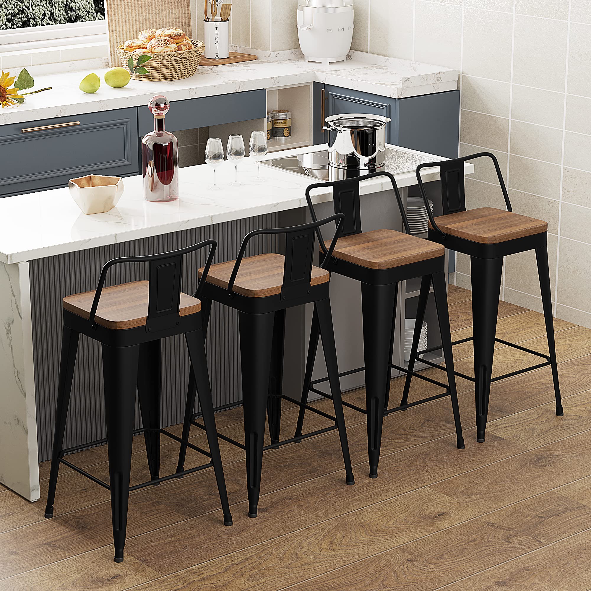 WENTMENT Metal Bar Stools Set of 4 Counter Height Bar Stools Barstools with Removable Back 26" Kitchen Bar Stools with Wooden Seat, Black