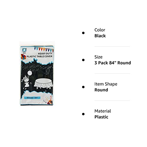 D&Z 3 Pack Black Plastic Tablecloth Table Cloth 84" Round Disposable Table Cover for Party Birthday Wedding Christmas