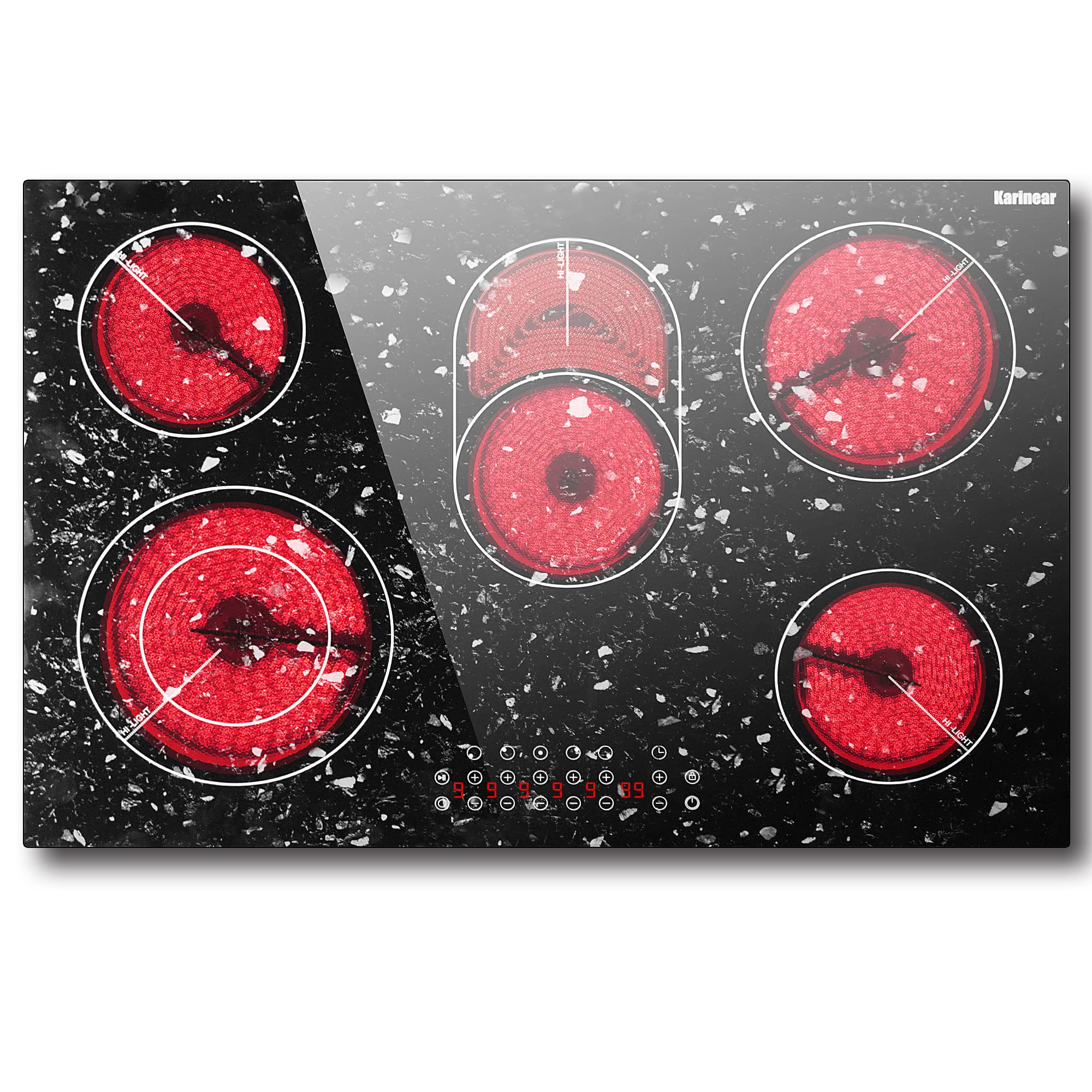 Karinear Electric Cooktop 30 Inch, Built-in Electric Stove Top 5 Burners Ceramic Cooktop with Marble Pattern, 8400W, 220-240V Hard Wire No Outlet Plug, Glass Cooktop