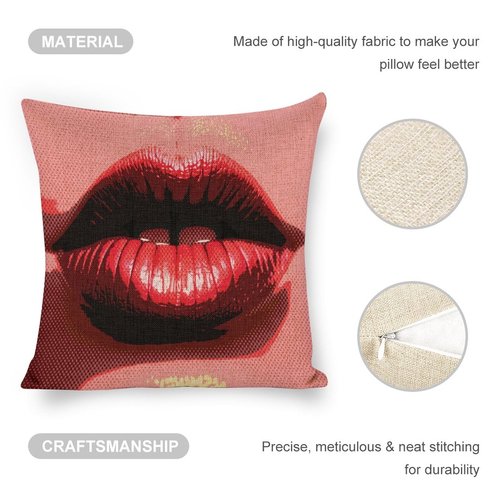 JOJOART Women's Red Lips Throw Pillow Covers 18×18 Pillowcases Set of 1 Pop Art Style Linen Decorative Square Pillow Case Cushion Covers Standard Size for Sofa Couch Outdoor Bed Pillow Protectors